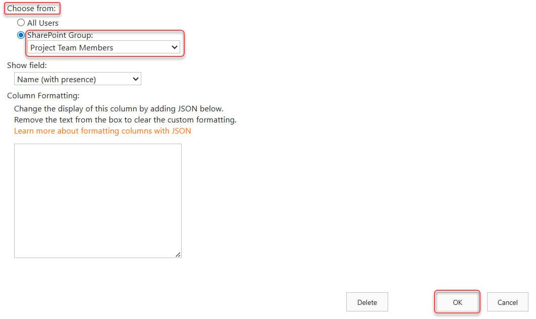 Limit Choices in a SharePoint People Picker Column
