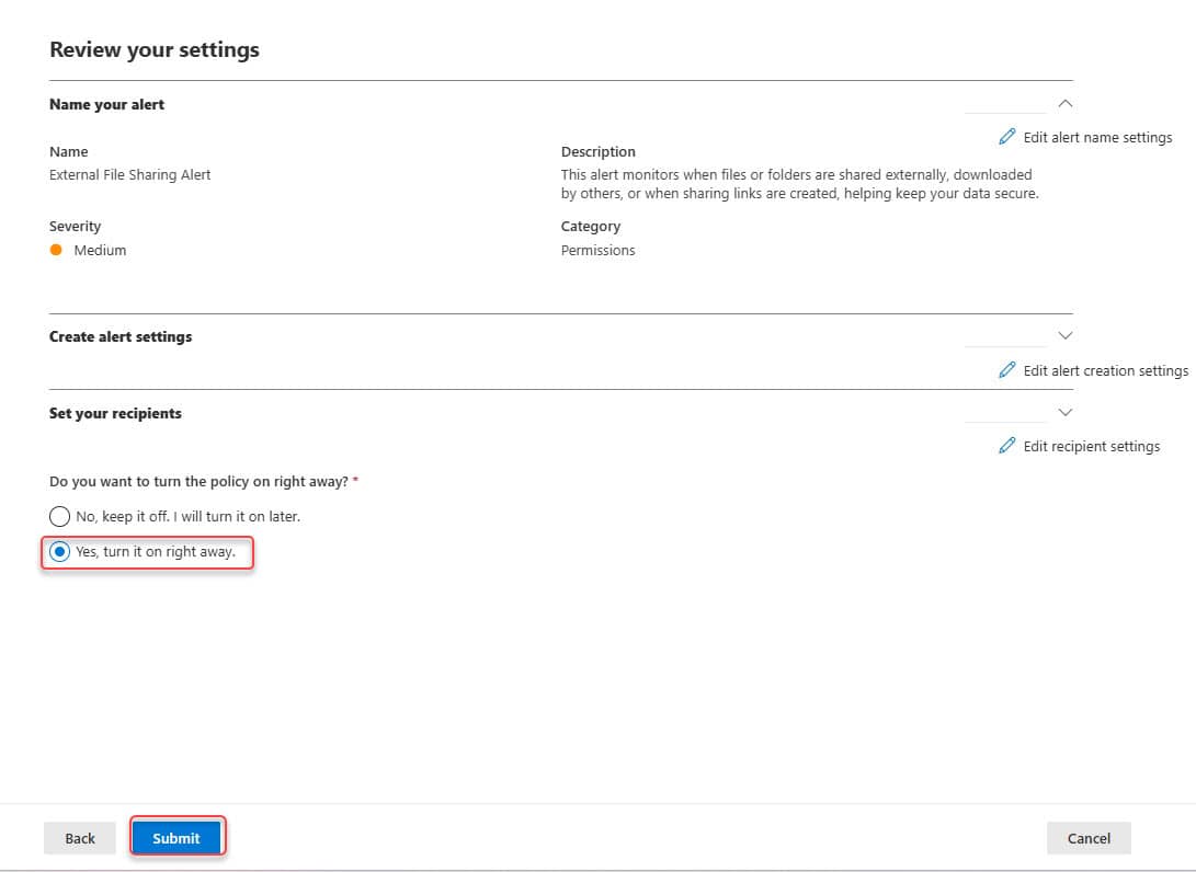 Set Alert Policies in Microsoft Defender Portal