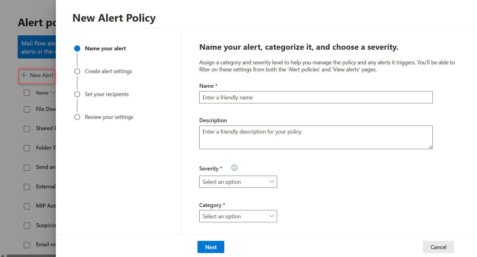 Set Alert Policies in Microsoft Defender Portal